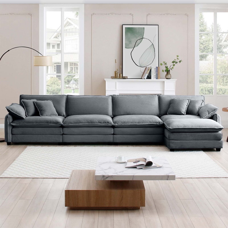 Hokku Designs Modern Corduroy Upholstered 4 seater Sofa With Footstool Ideal For Office Living Room Or Apartment Includes 2 Arm Pillows And 4 Throw Pillows Easy To Assemble Wayfair